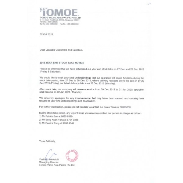 2019 Year End Stock Take Notice